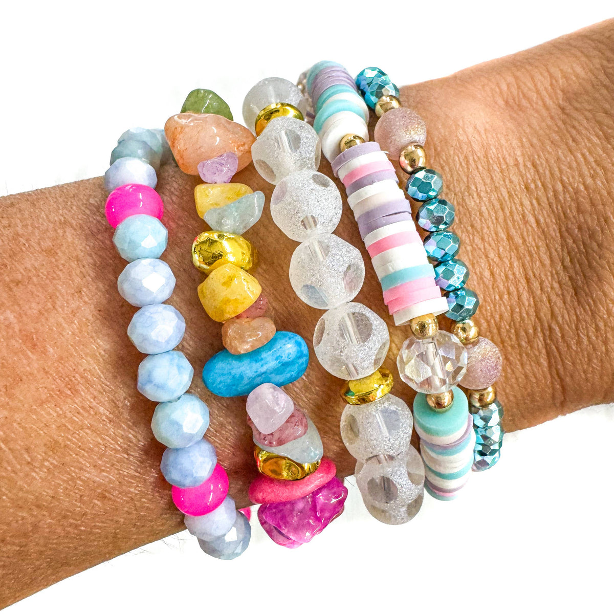 Light Blue, Pink, Yellow Spring Bracelet Stack – Savvy Bling